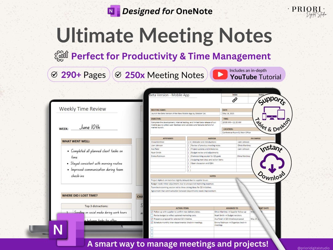 Onenote Planner Meeting Notes Planner Hyperlinked Digital Planner ...