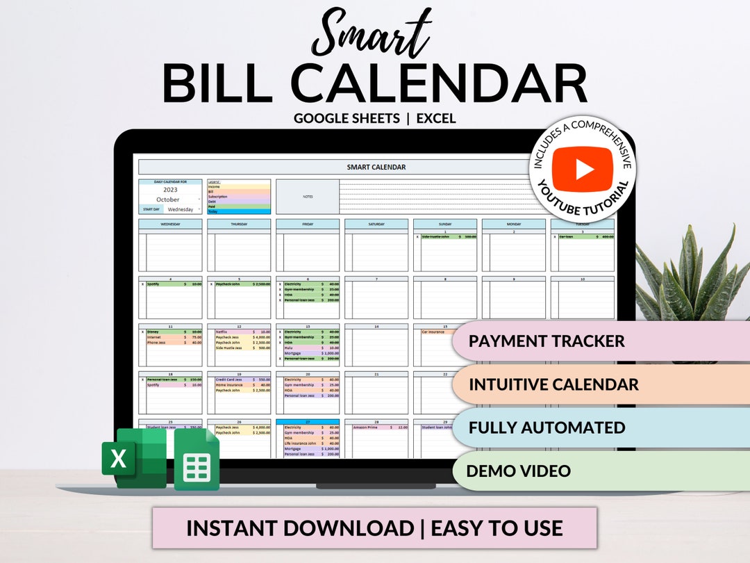 Bill Tracker Spreadsheet Google Sheets Excel Bill Calendar Monthly ...