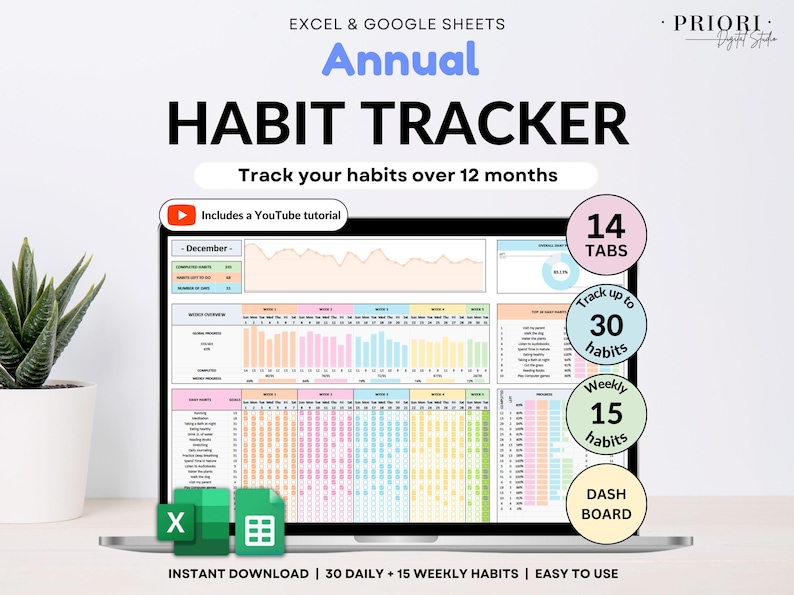 Yearly Habit Tracker Spreadsheet Excel Google Sheets Daily Habit ...