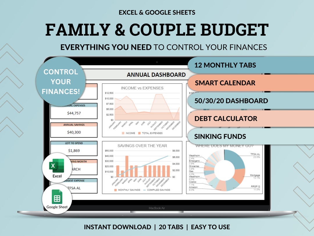Family Couple Budget Excel Spreadsheet Google Sheets Monthly Biweekly ...