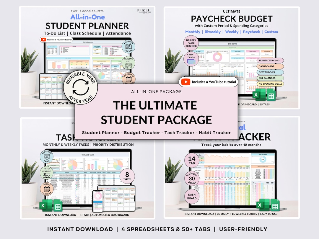 Student Planner Bundle Google Sheets Assignment Tracker Task Organizer ...