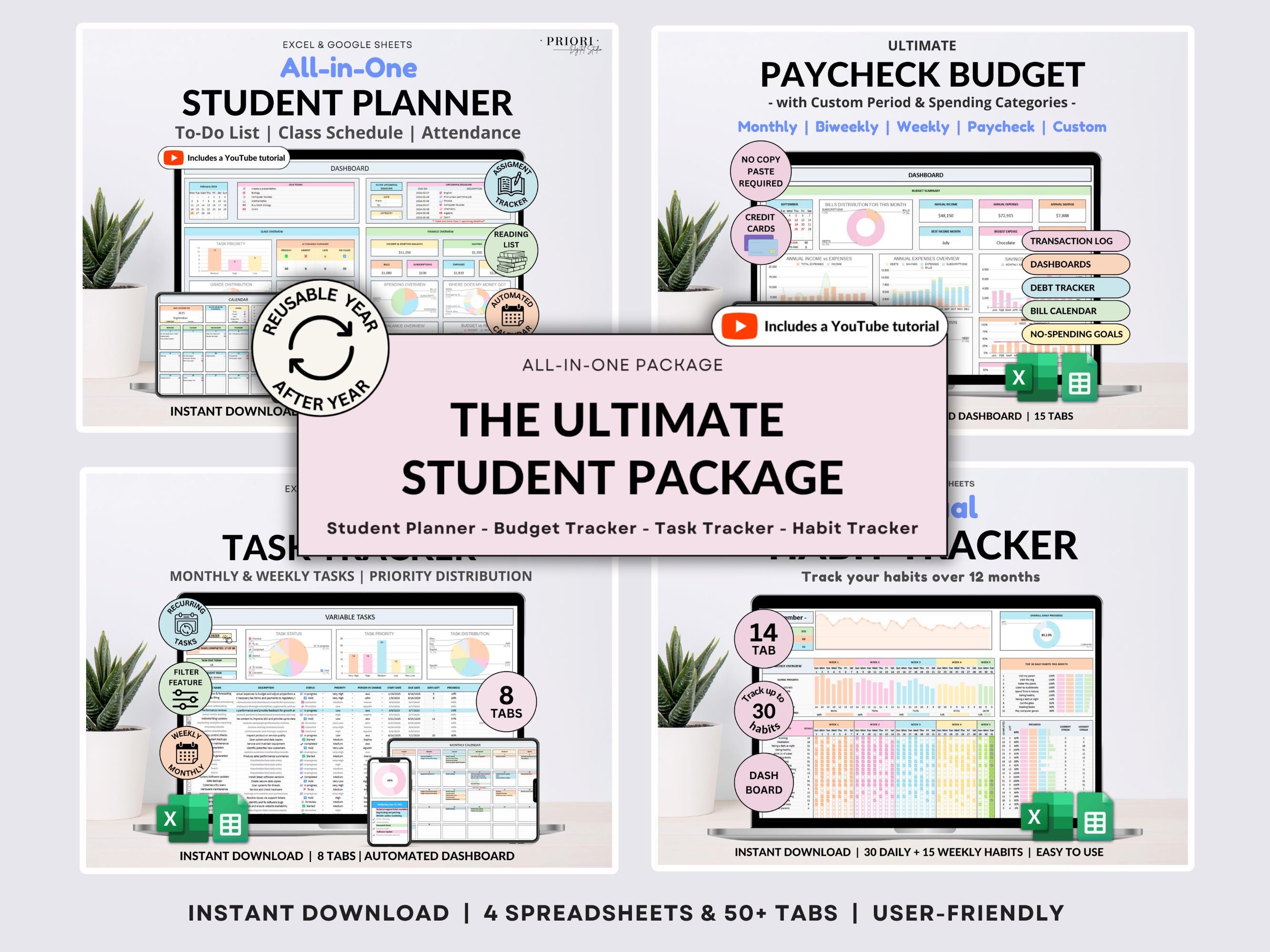 Student Planner Bundle Google Sheets Assignment Tracker Task Organizer ...