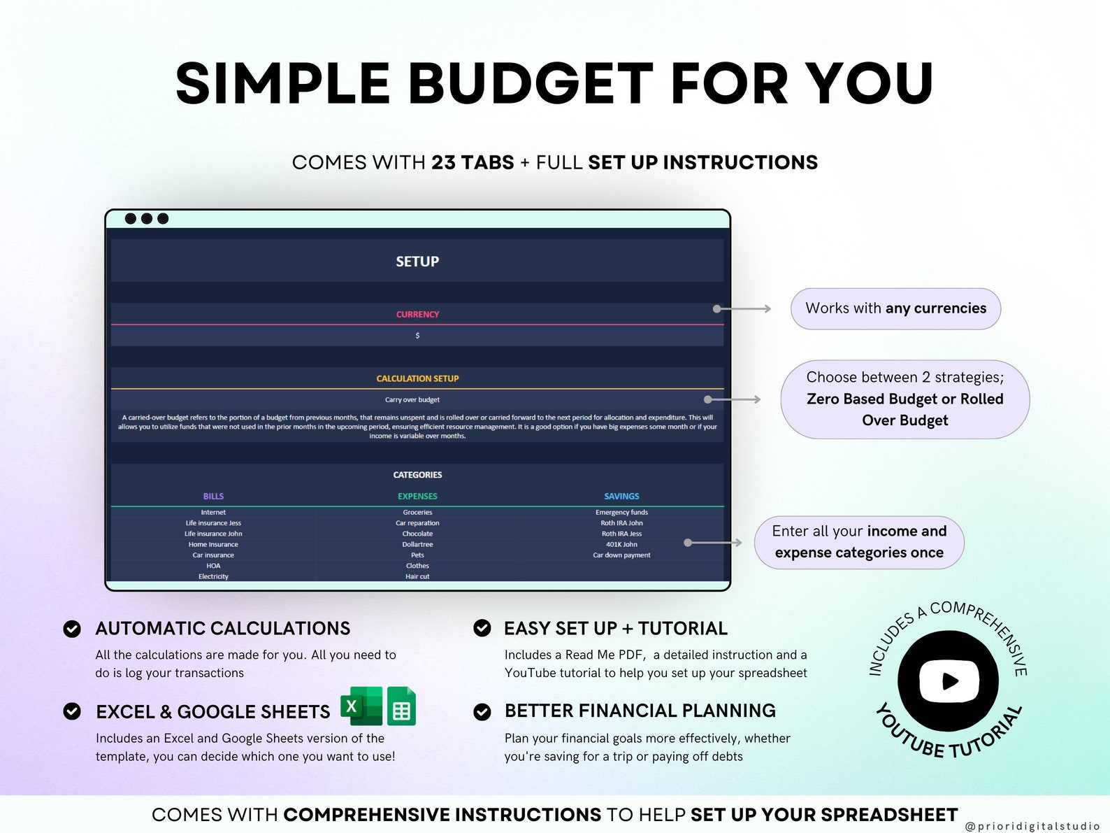 Family Annual Budget Dark Mode Monthly Budget Tracker Excel Spreadsheet ...