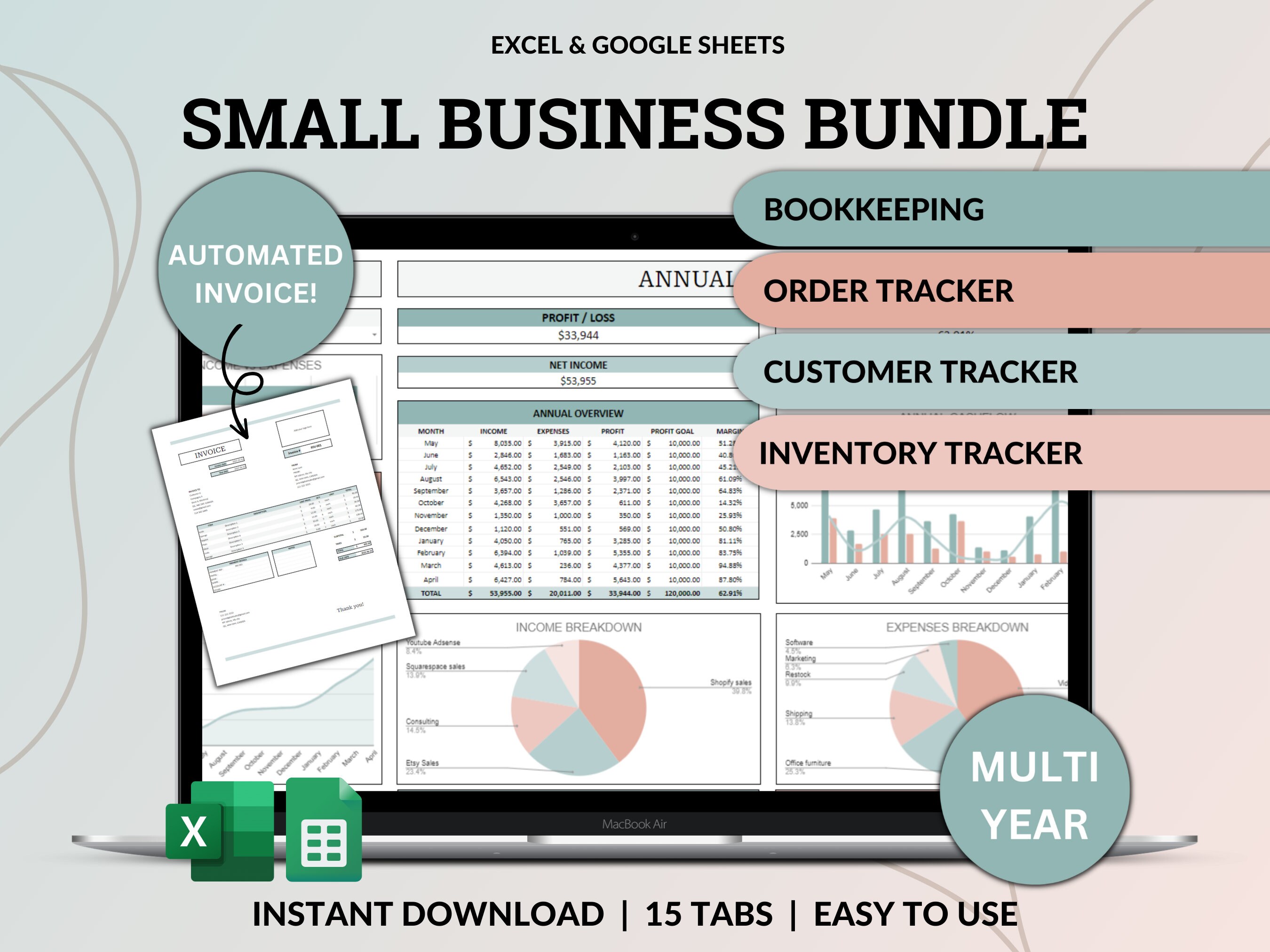 Small Business Tracker Google Sheets Excel Template Bookkeeping ...