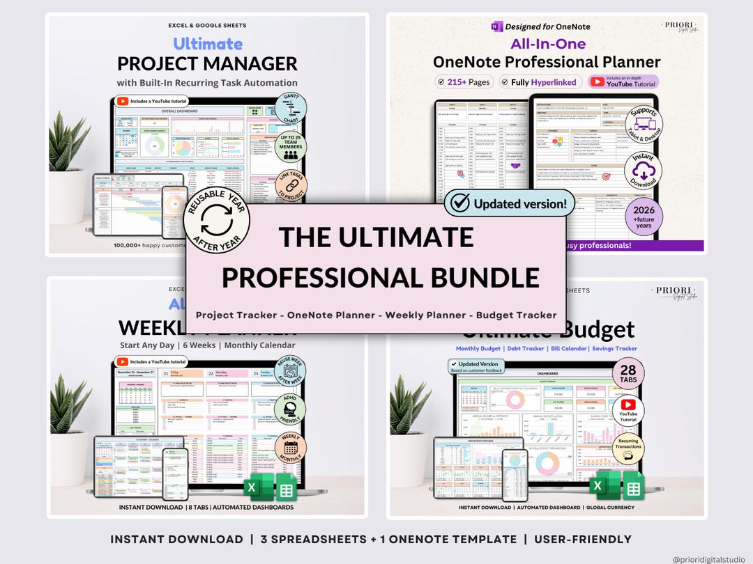 Professional Planner Bundle Project Management Excel Template Task ...