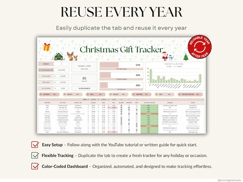 Christmas Budget Gift Tracker Excel Spreadsheet Holiday Gift Planner ...