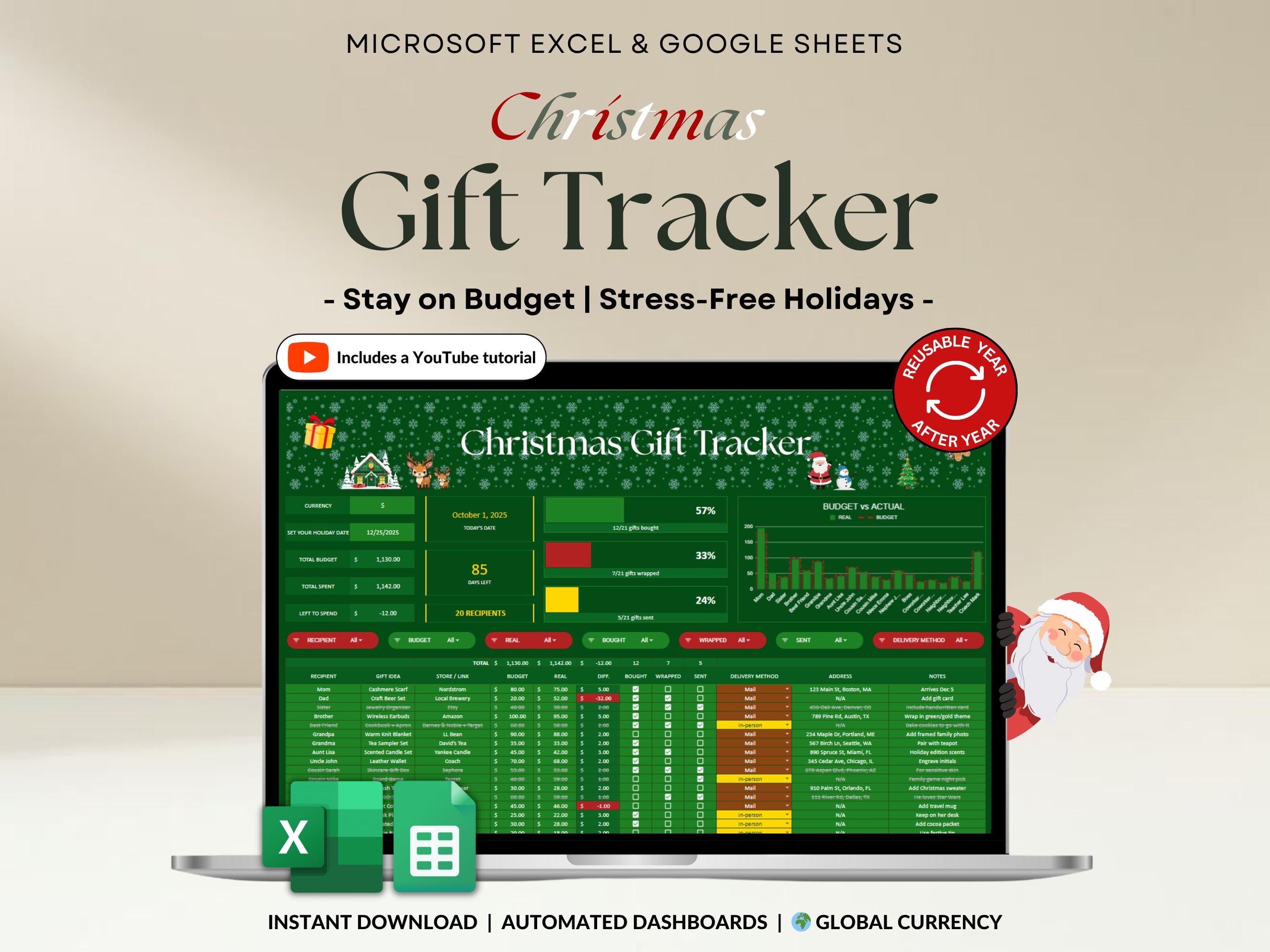 Christmas Gift Tracker Spreadsheet Google Sheet Excel Christmas Budget ...
