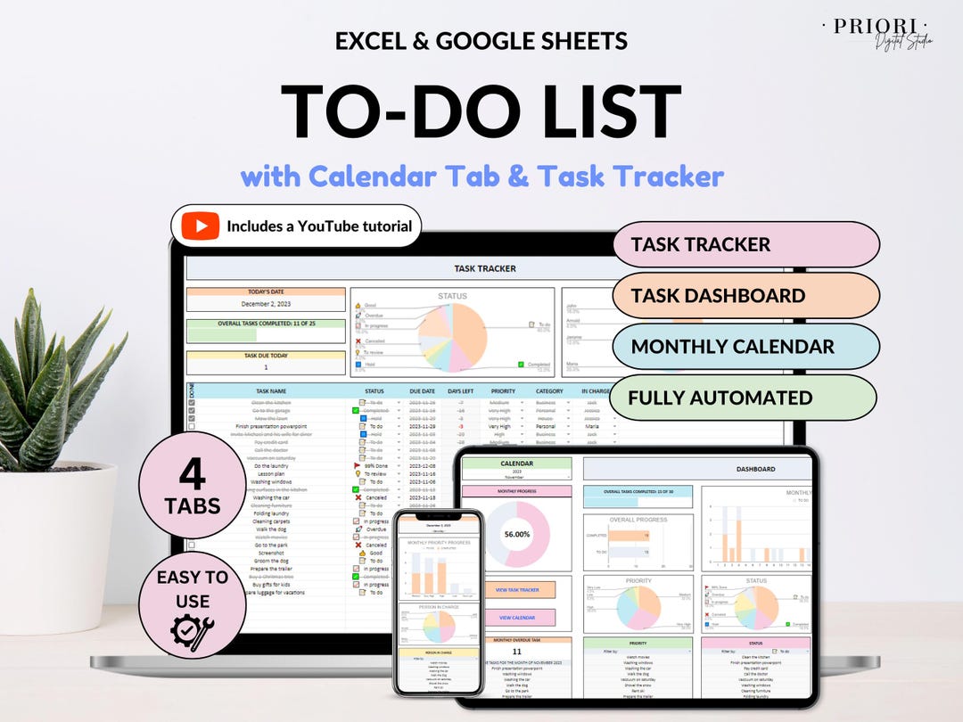 To Do List Tracker Task Planner Excel Google Sheets Template ...