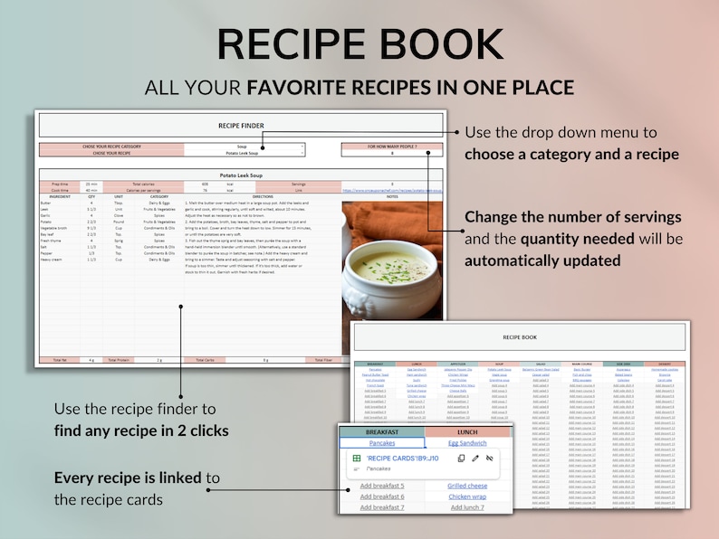 Weekly Meal Planner Spreadsheet Google Sheets Excel Recipe Journal ...