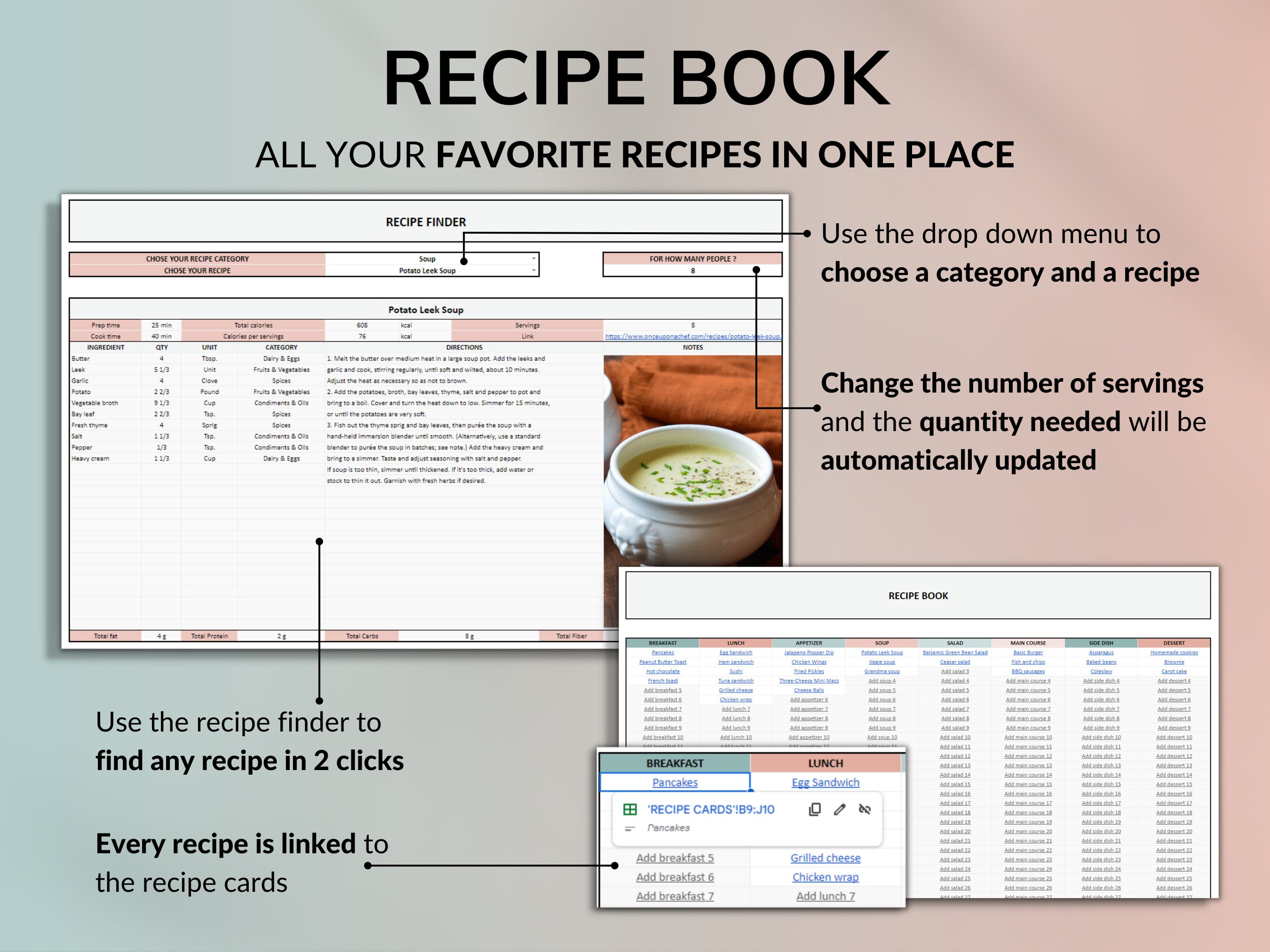 Weekly Meal Planner Spreadsheet Google Sheets Excel Recipe Journal ...