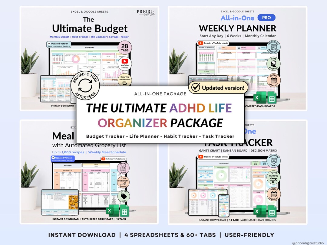ADHD Life Organizer Bundle Annual Budget Planner Google Sheets Budget ...