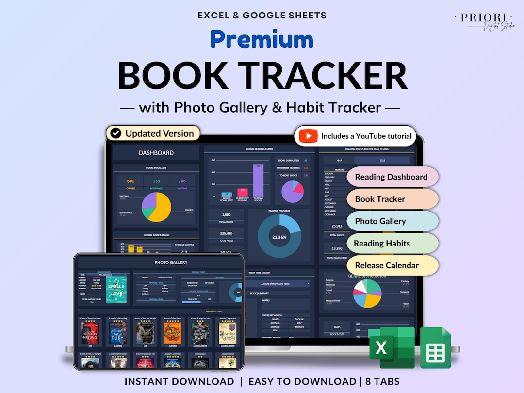 Book Tracker Reading Journal Google Sheets Excel Book Planner Digital ...