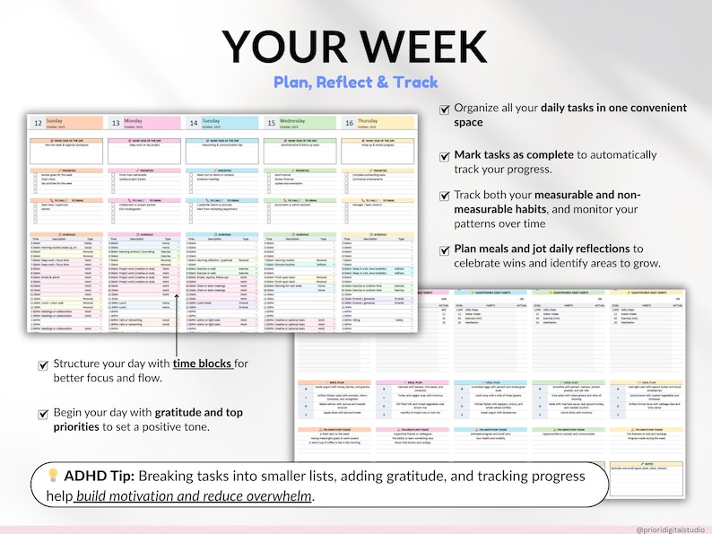 Weekly Planner Daily Task Tracker Spreadsheet Google Sheets ADHD Weekly ...