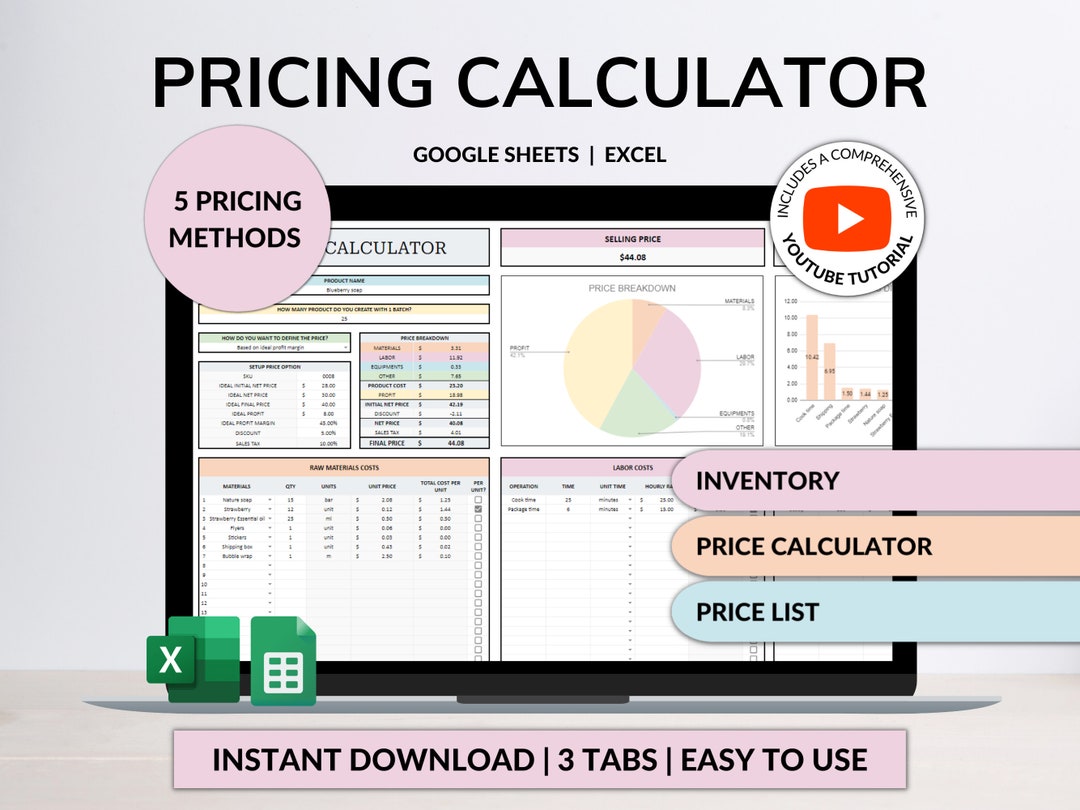Pricing Calculator for Small Business Google Sheets Excel Business Tracker Handmade Products ...