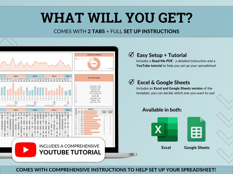 Habit Tracker Spreadsheet Google Sheets Excel Daily Habit Planner ...
