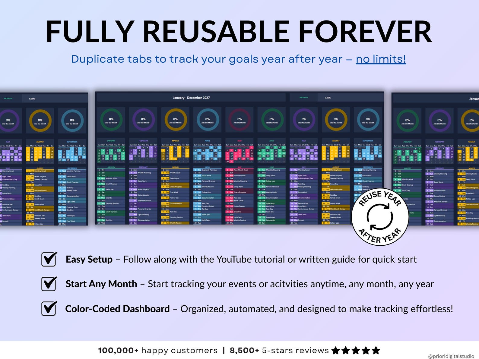 Year at a Glance Planner Spreadsheet Dark Mode Undated Yearly Overview ...