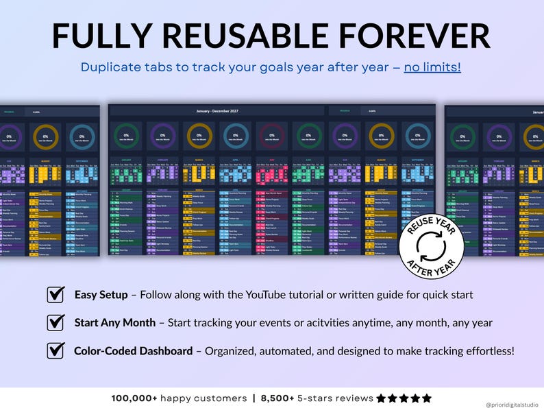 Year at a Glance Planner Spreadsheet Dark Mode Undated Yearly Overview Google Sheets Annual ...