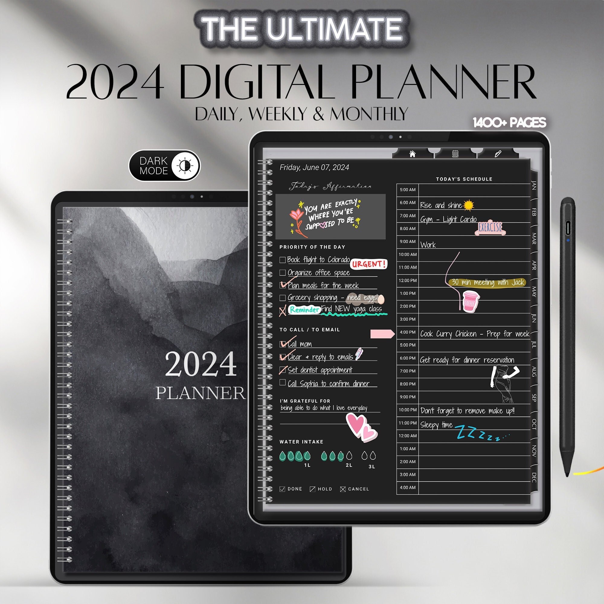 Ultimate 2024 Dark Mode Digital Planner Goodnotes 1400 Pages iPad Dated ...