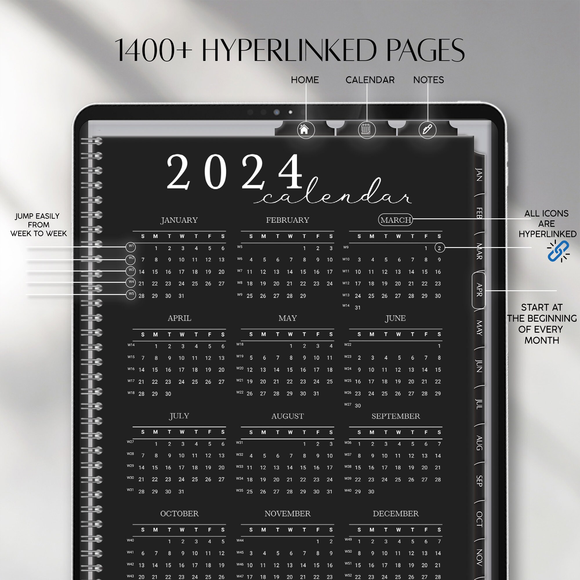 Ultimate 2024 Dark Mode Digital Planner Goodnotes 1400 Pages iPad Dated ...