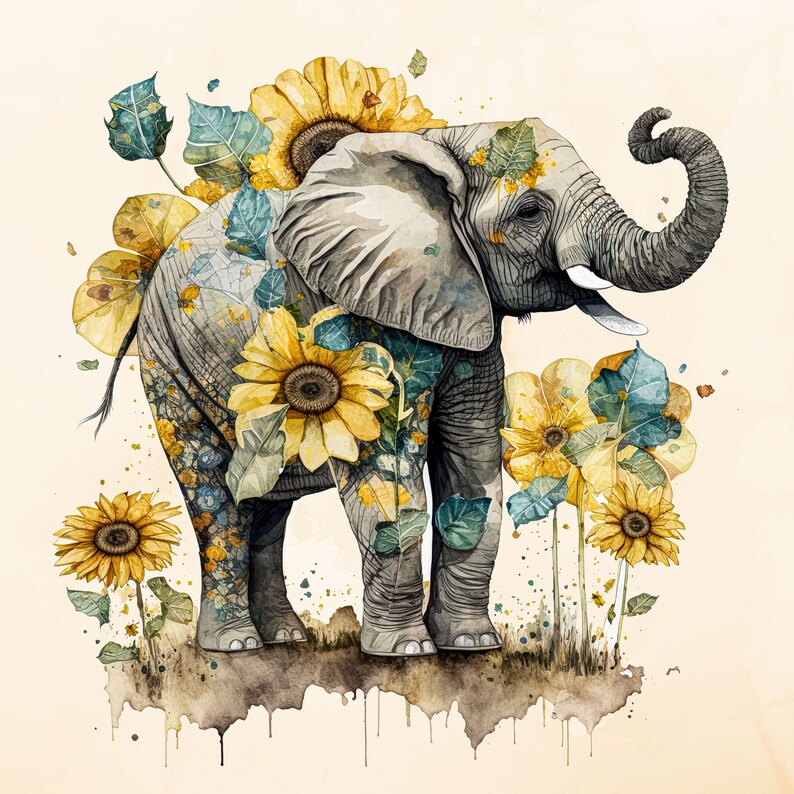 Elephant and Sunflowers PNG | Digital Download | Sublimation PNG | Cute ...