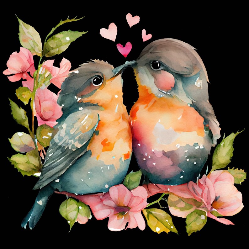 Watercolor Love Birds PNG File Digital Download Nature Art Floral ...