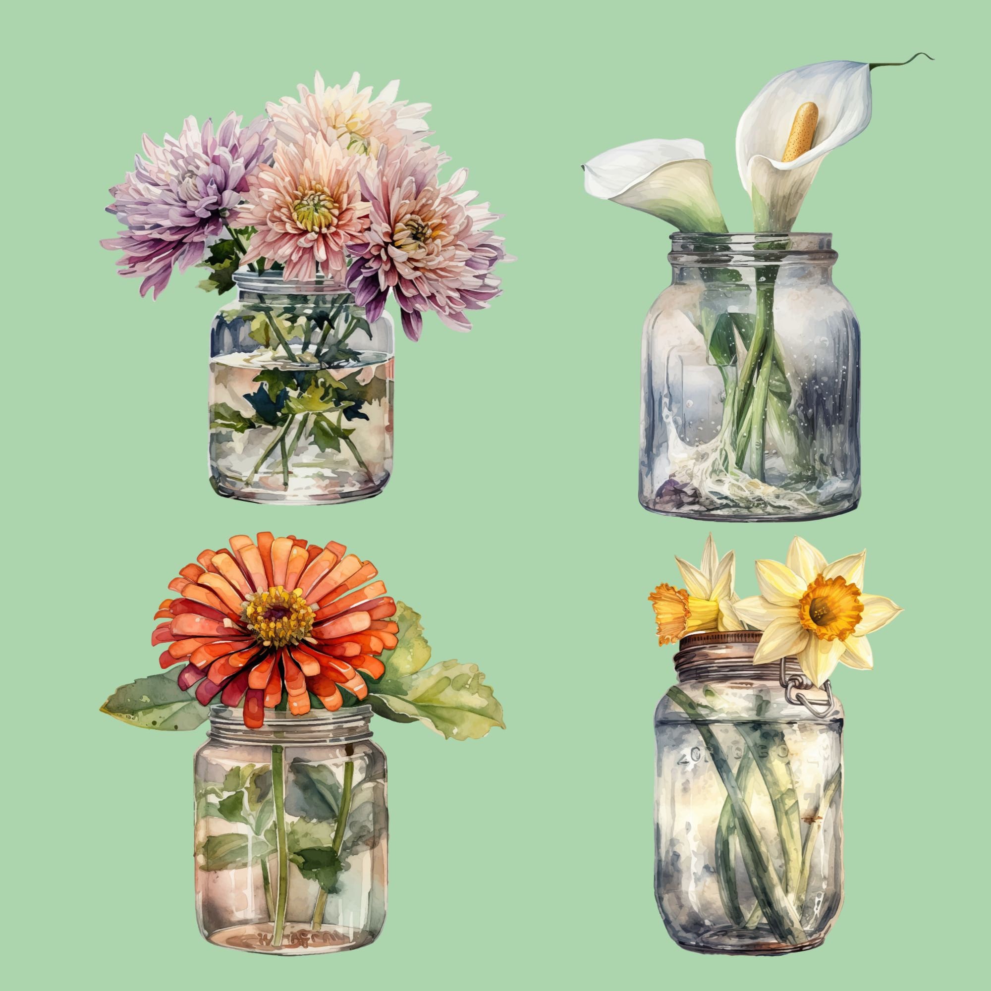 16 Watercolor Flowers in Mason Jar PNG File Bundle Digital Download ...