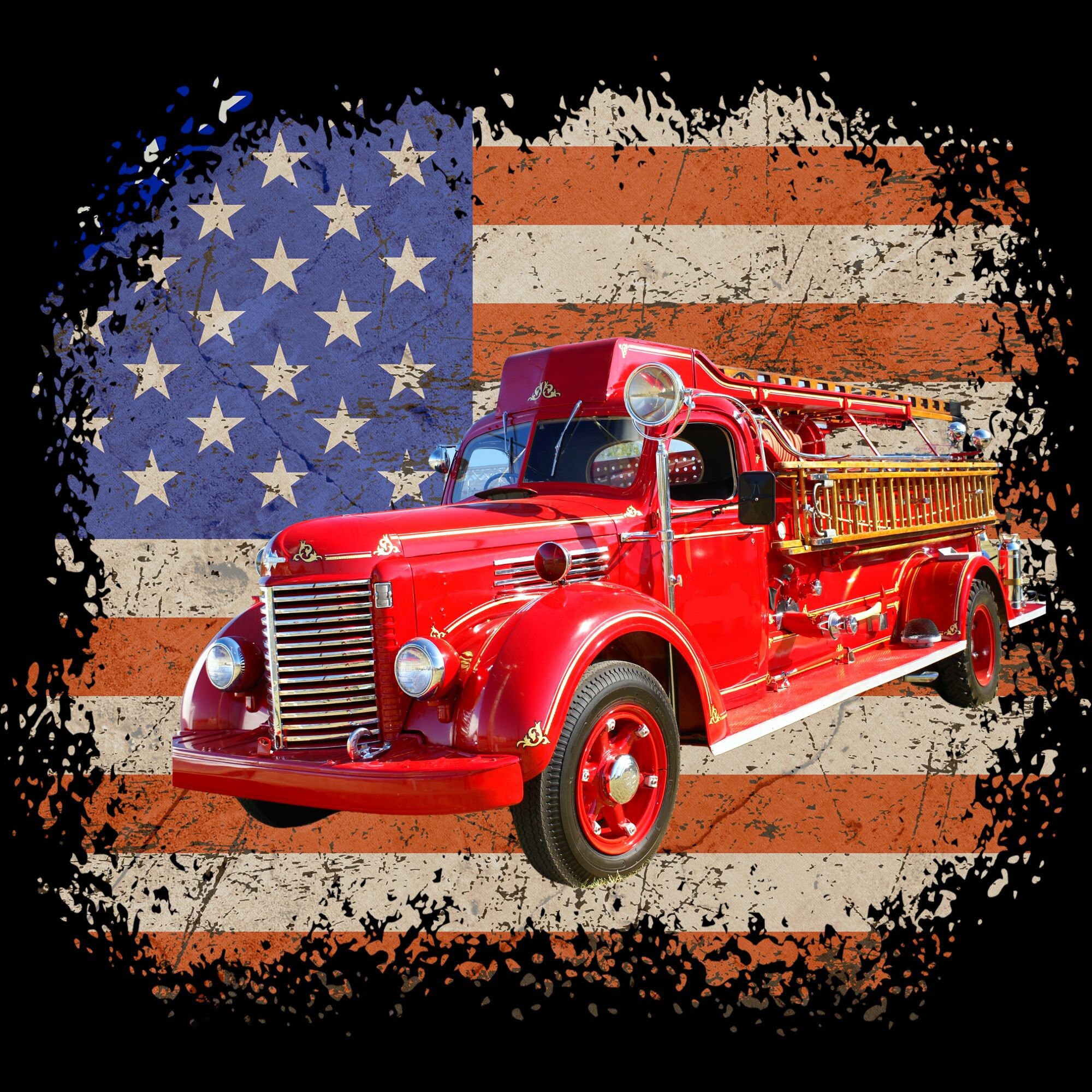 American Flag With Vintage Fire Truck PNG File, Digital Download ...