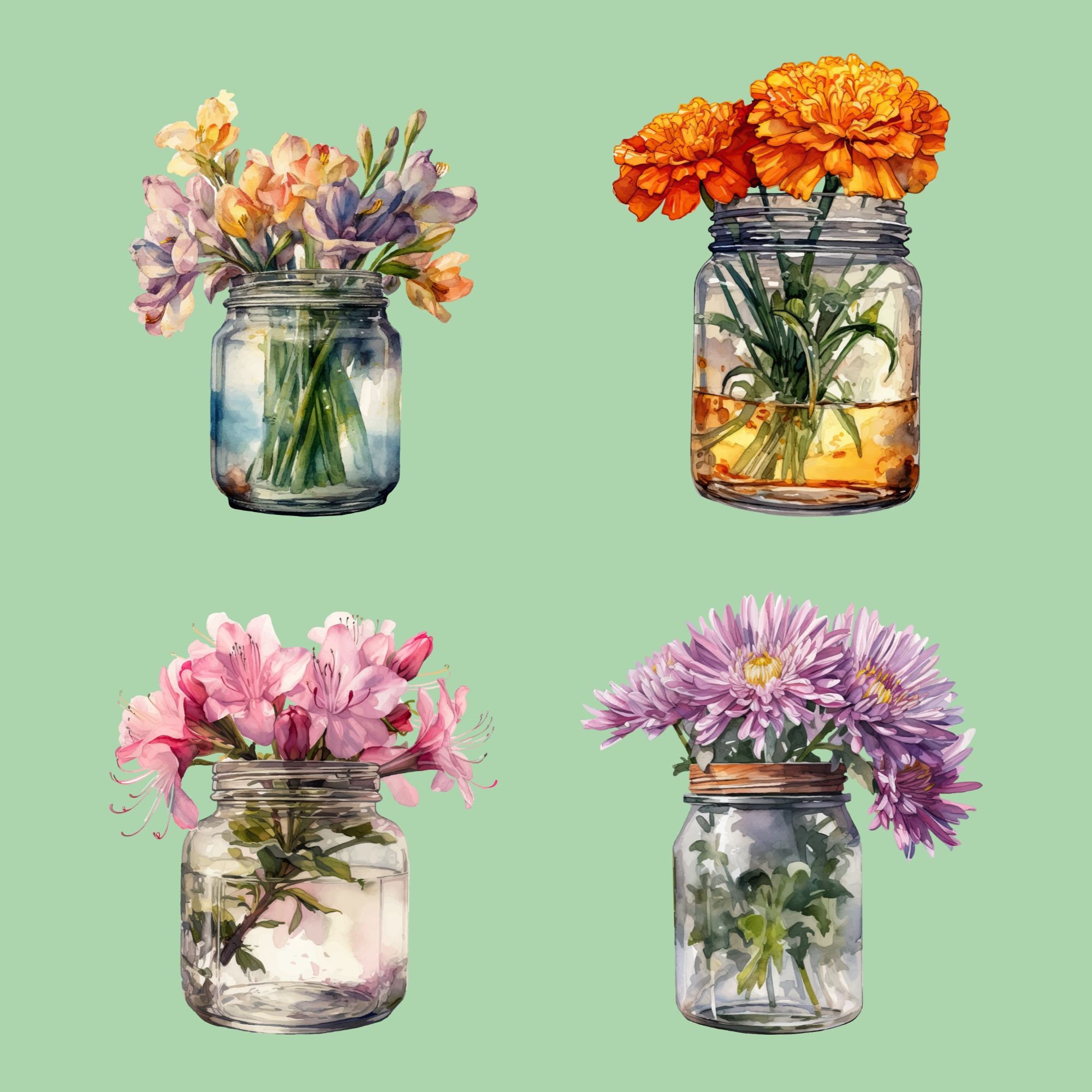16 Watercolor Flowers in Mason Jar PNG File Bundle Digital - Etsy