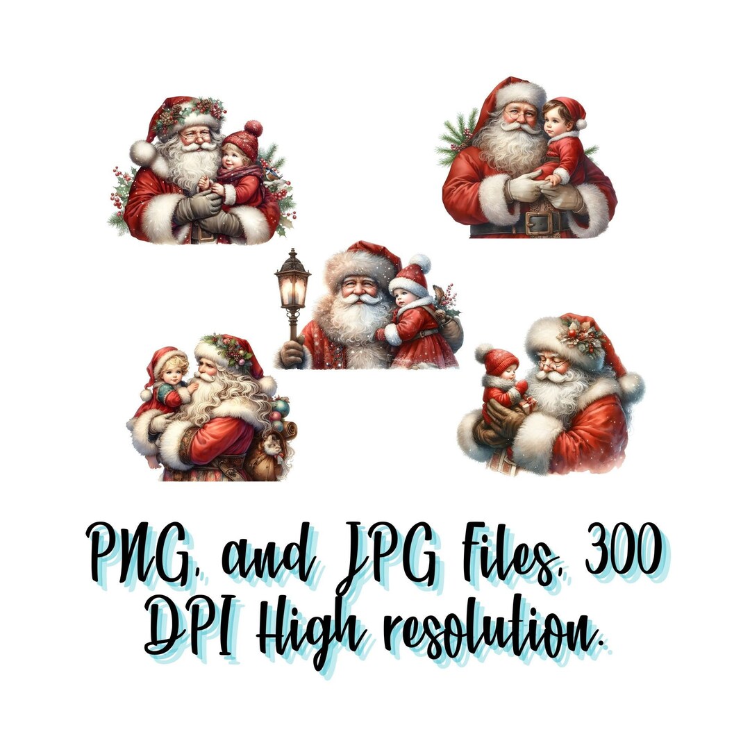 Vintage Watercolor Santa Clause PNG JPG Bundle, Christmas Holiday ...