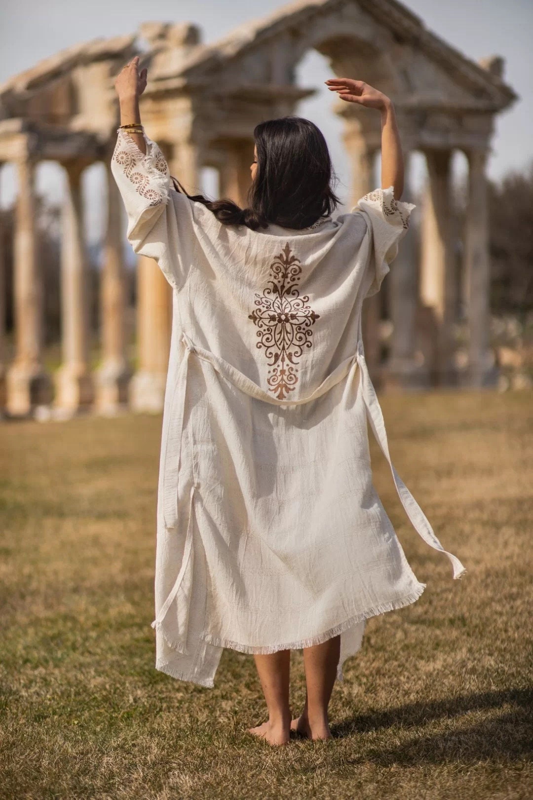 Linen Kimono Robe Beach Cover up Summer Dressing Gown Bohemian Kimono ...