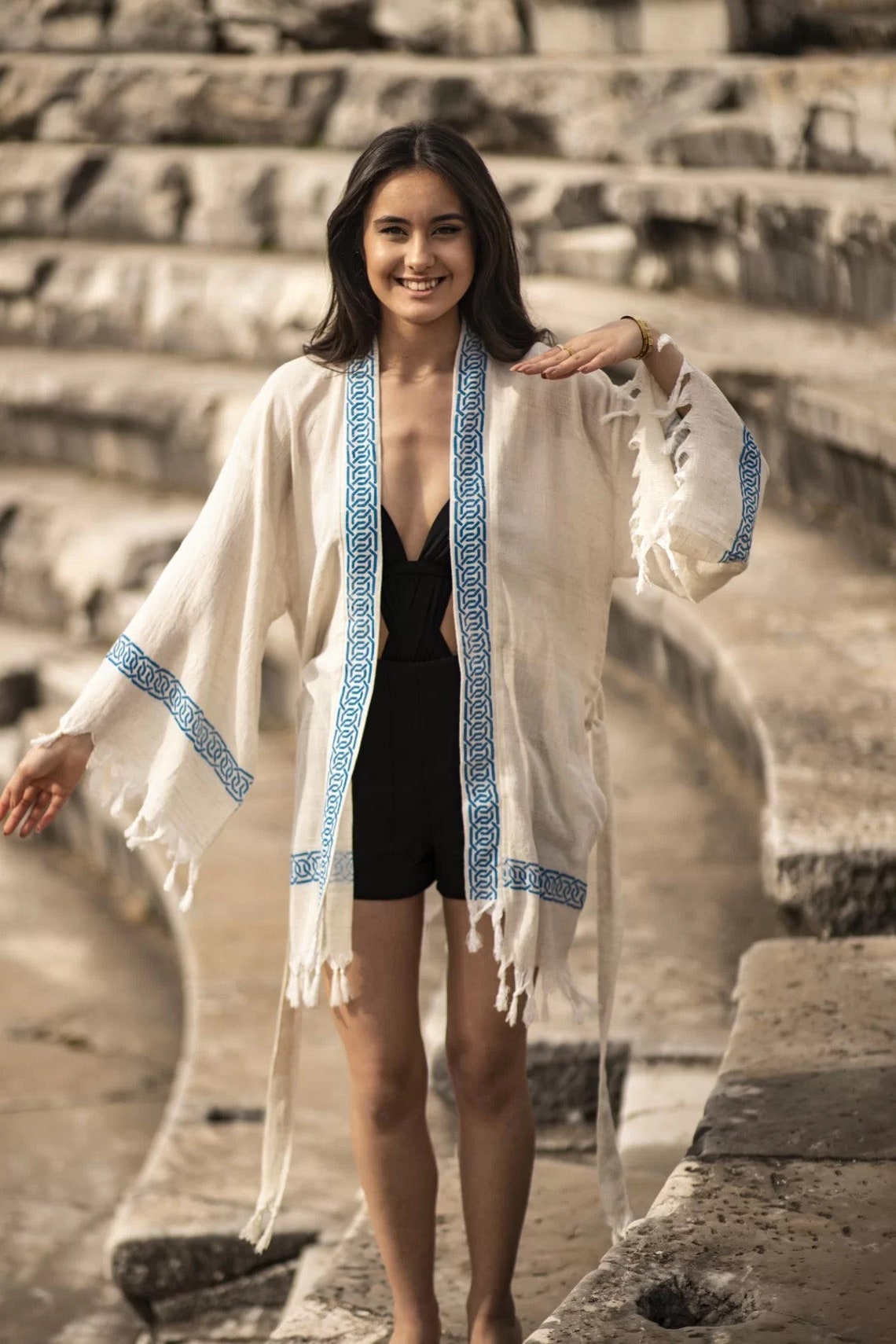 Short Linen Kimono Robe Bohemian Kimono Linen Robe Beach Cover up ...