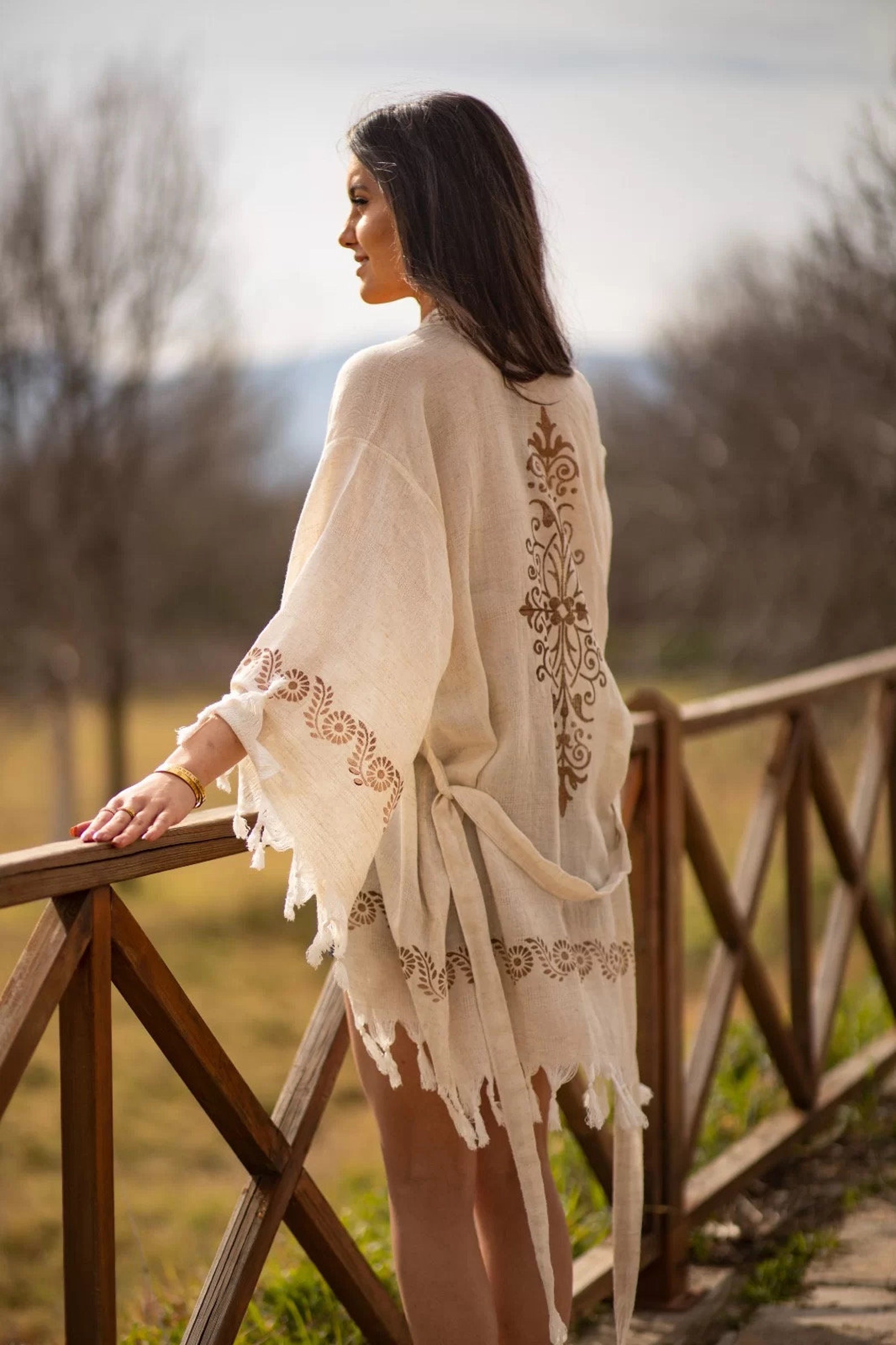 Linen Kimono Robe Beach Cover up Summer Dressing Gown Bohemian Kimono ...