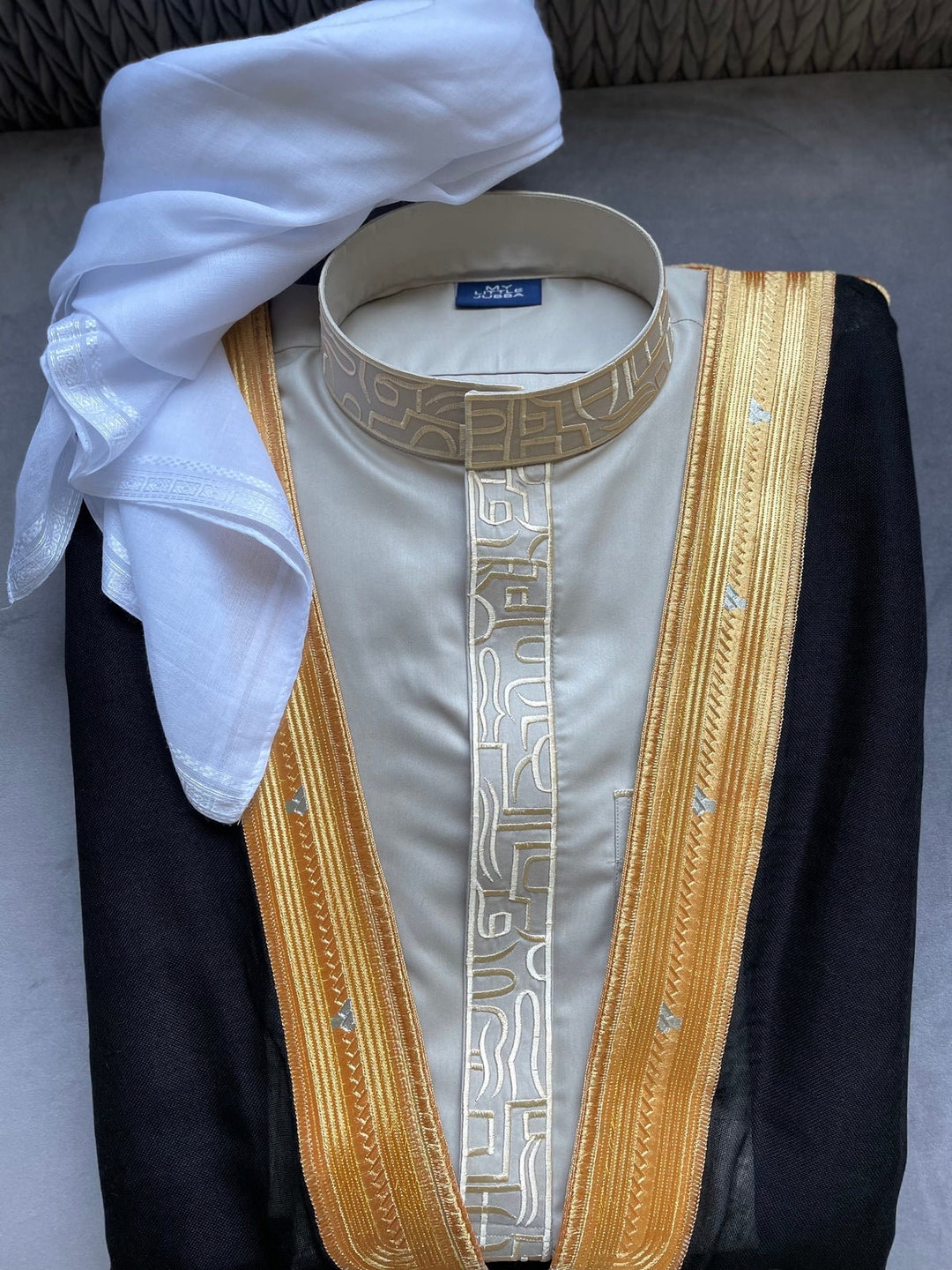 Mens Light Grey Thobe With Gold Embroidery 3 Pcs Set - Etsy