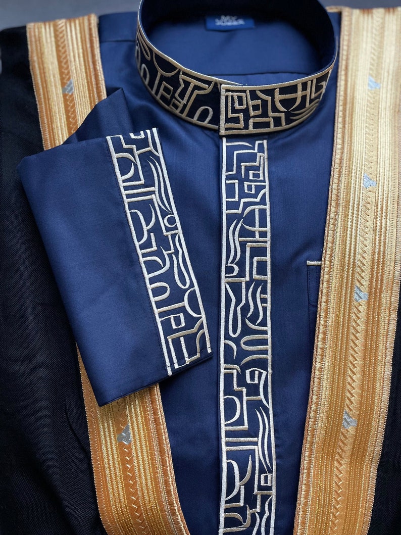 Mens Blue Thobe With Gold Embroidery 3 Pcs Set - Etsy