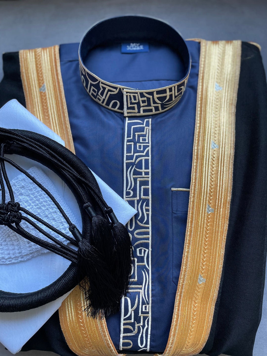 Mens Blue Thobe With Gold Embroidery 5 Pcs Set - Etsy