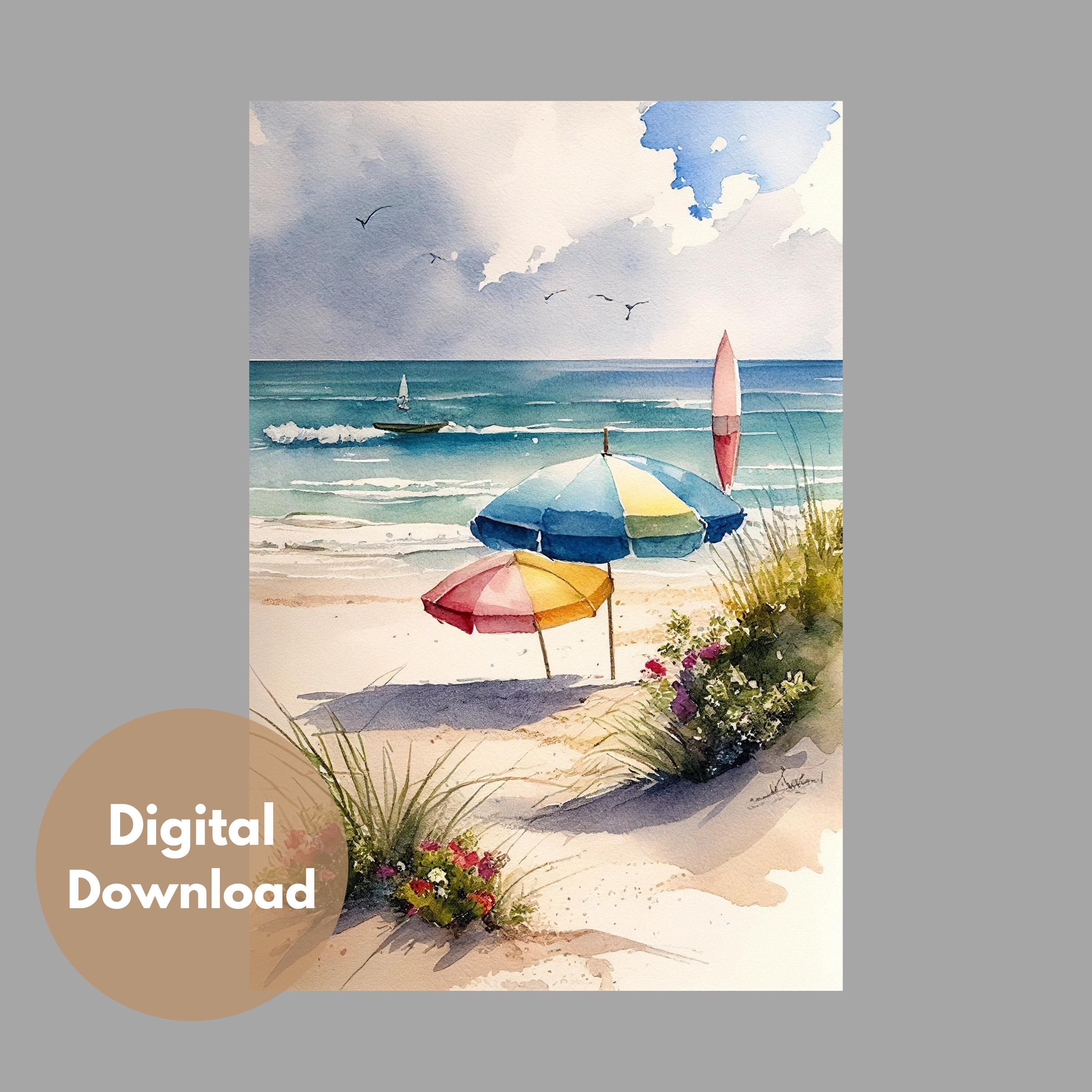 The Beach: A Watercolor Scene Depicting a Sandy Beach - Digital Print ...