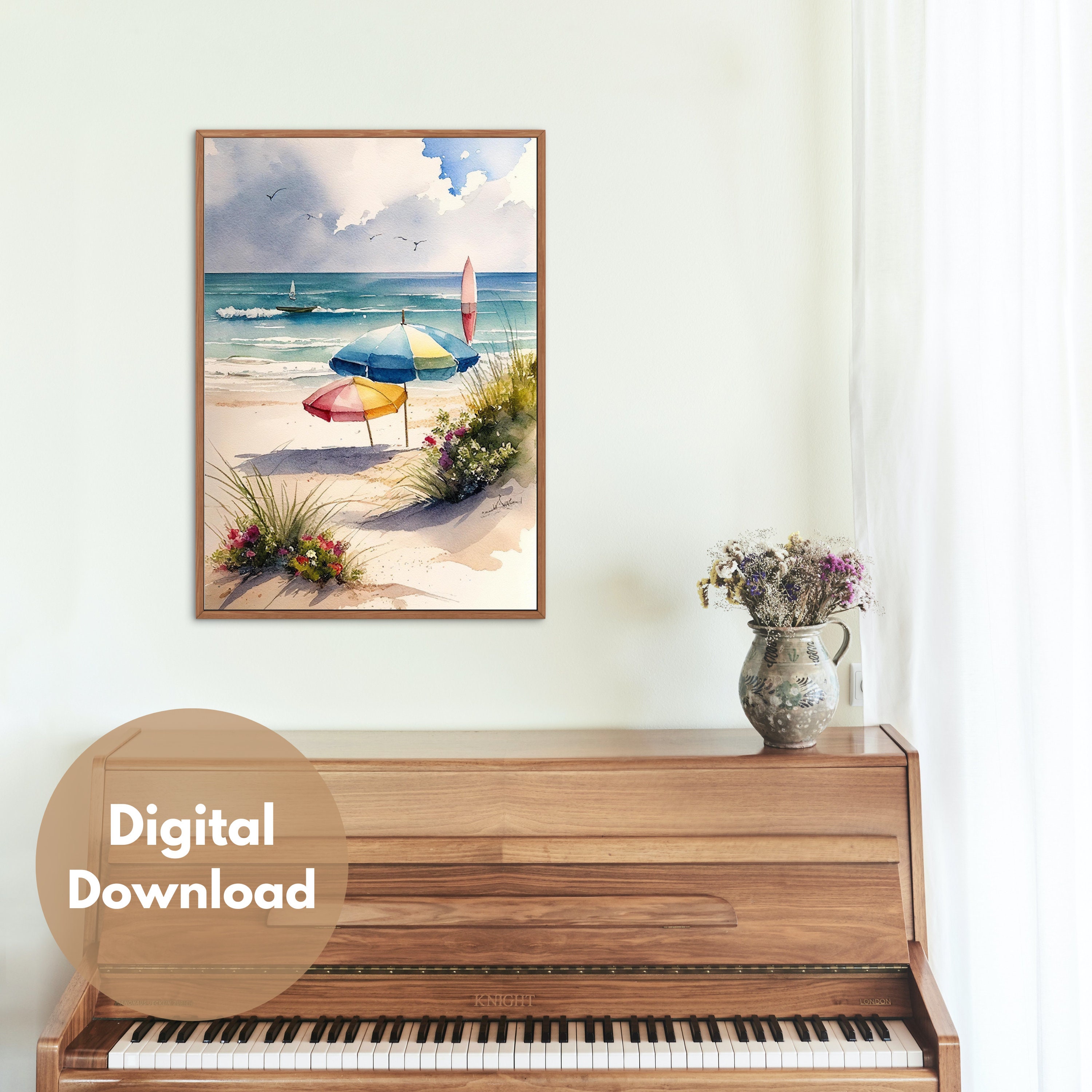 The Beach: A Watercolor Scene Depicting a Sandy Beach - Digital Print ...