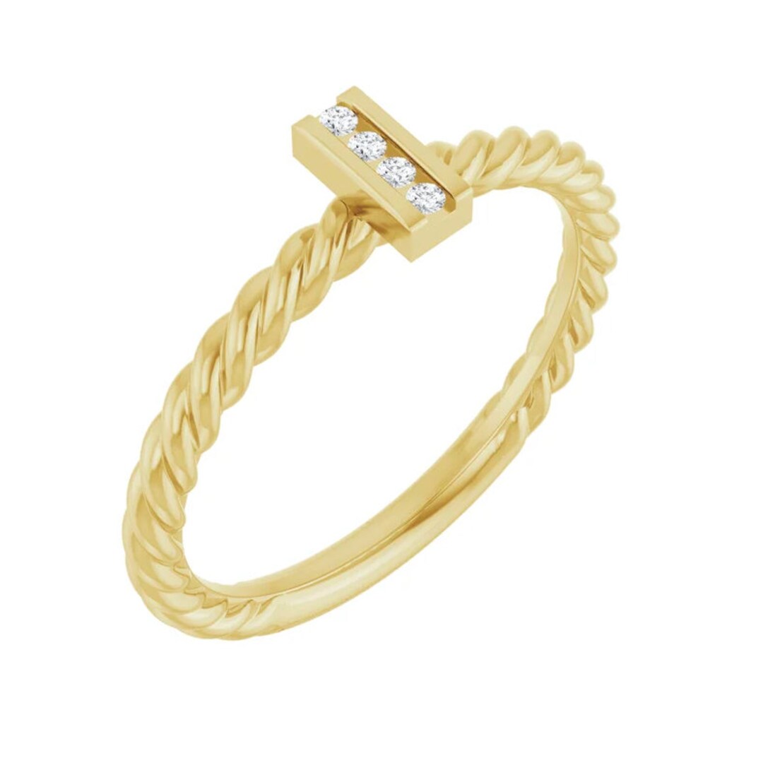 14K Yellow Diamond Rope Ring Solid Gold Ring Diamond Ring Stackable ...