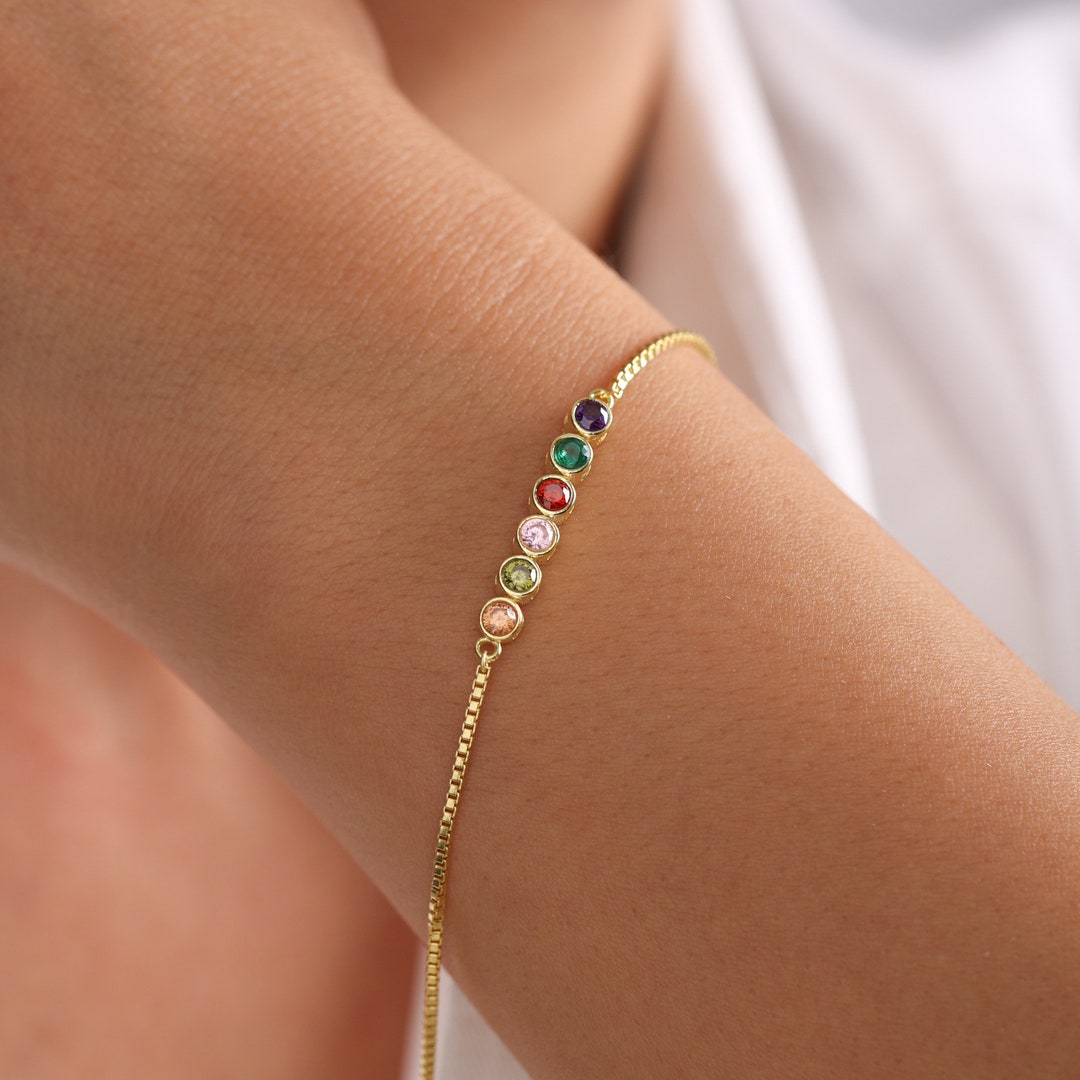 14K Gold Round Birthstone Bracelets, Custom Made Family Birthstone ...