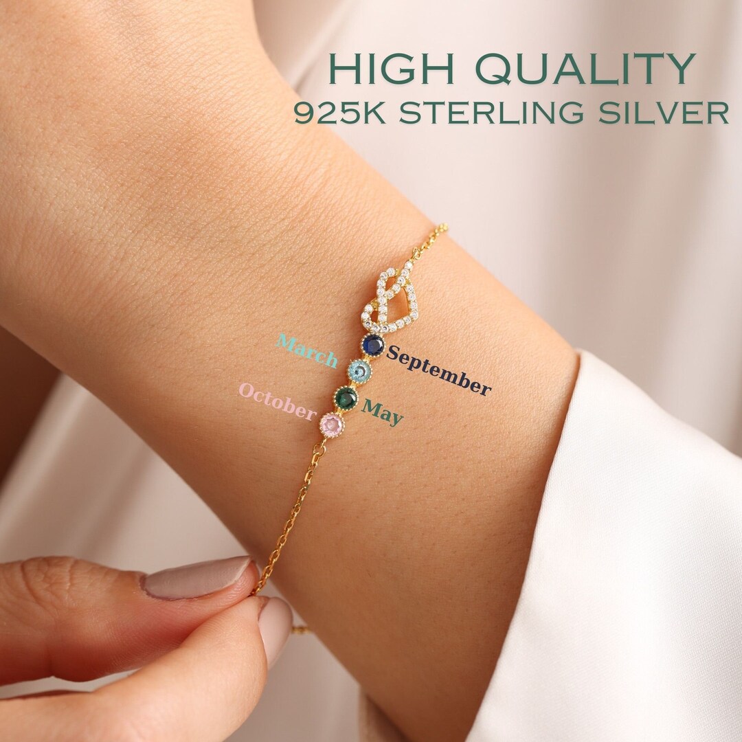 Custom Birthstone Bracelet, Birthstone Heart Bracelet, Personalized ...