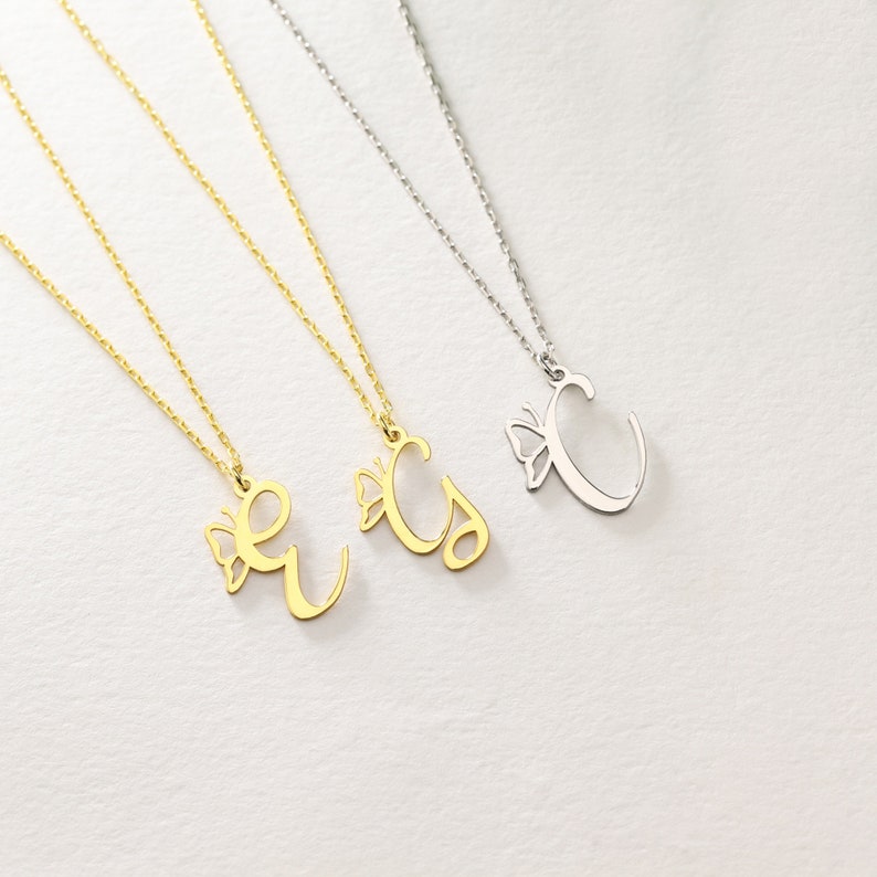 14k Gold Initial Necklace With Butterfly Initial Necklace - Etsy