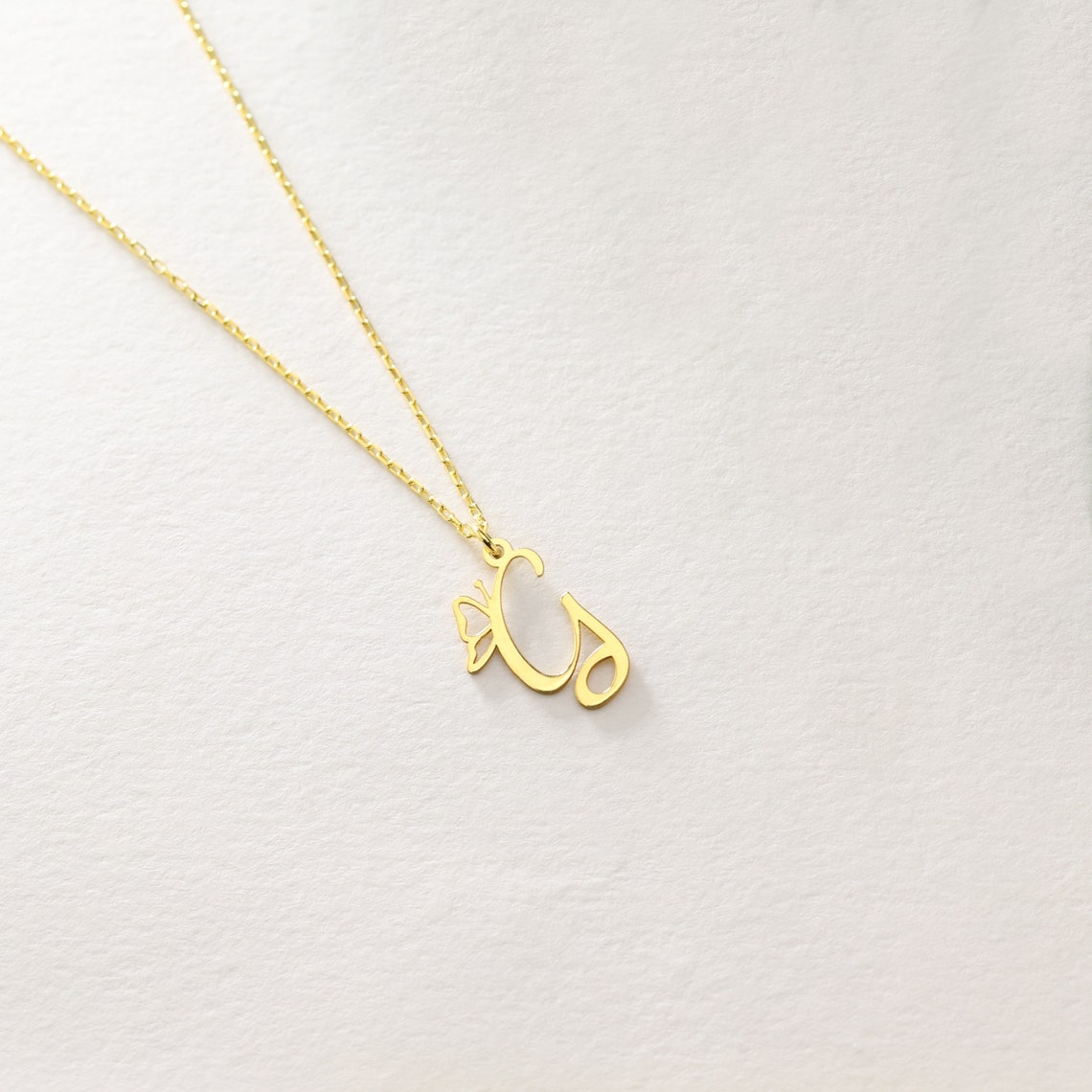 14k Gold Initial Necklace With Butterfly Initial Necklace - Etsy
