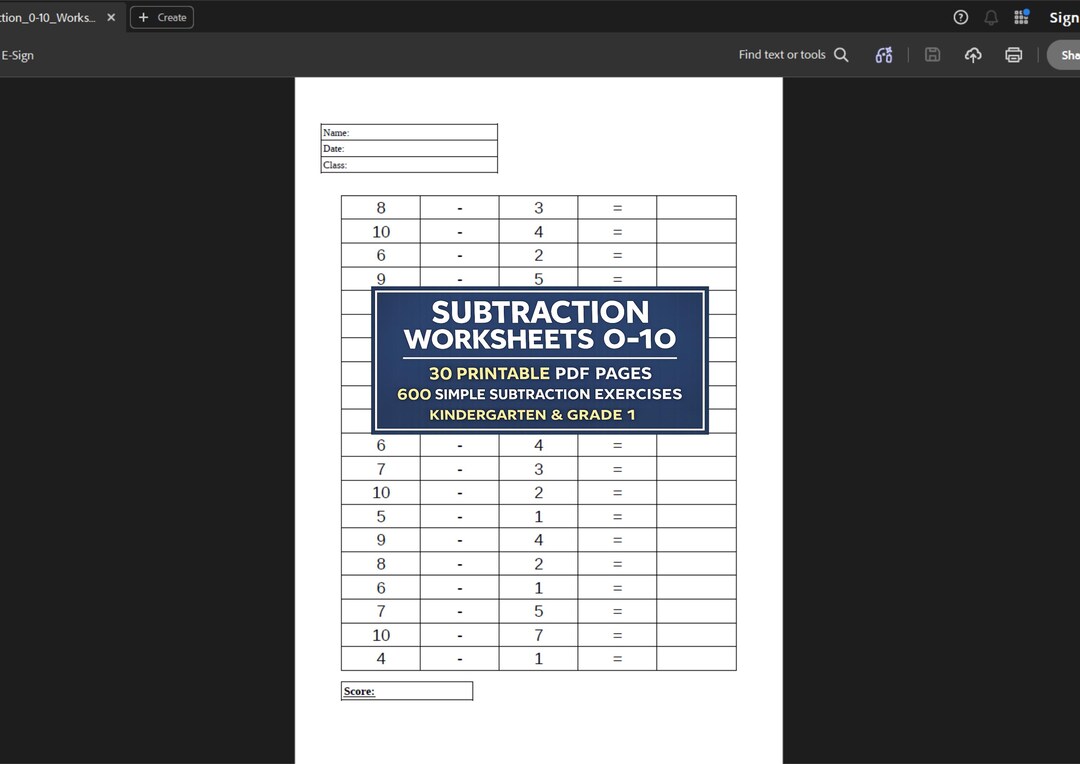 Subtraction Worksheets 0-10 Printable Math PDF Pack (kindergarten ...