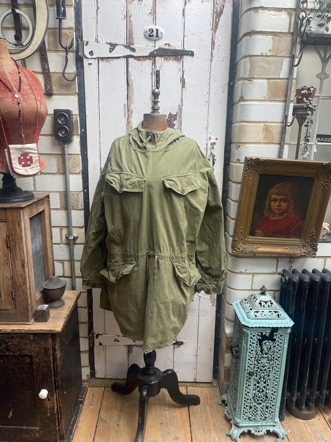 Antique Vintage Mens Khaki Olive Green Cotton Smock Jacket Coat Size L ...