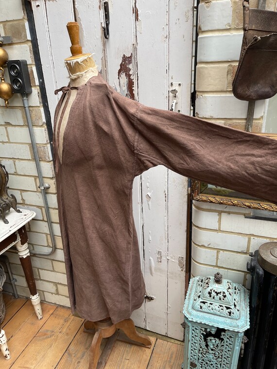 Antique French brown linen dress smock with tie size M - Gem