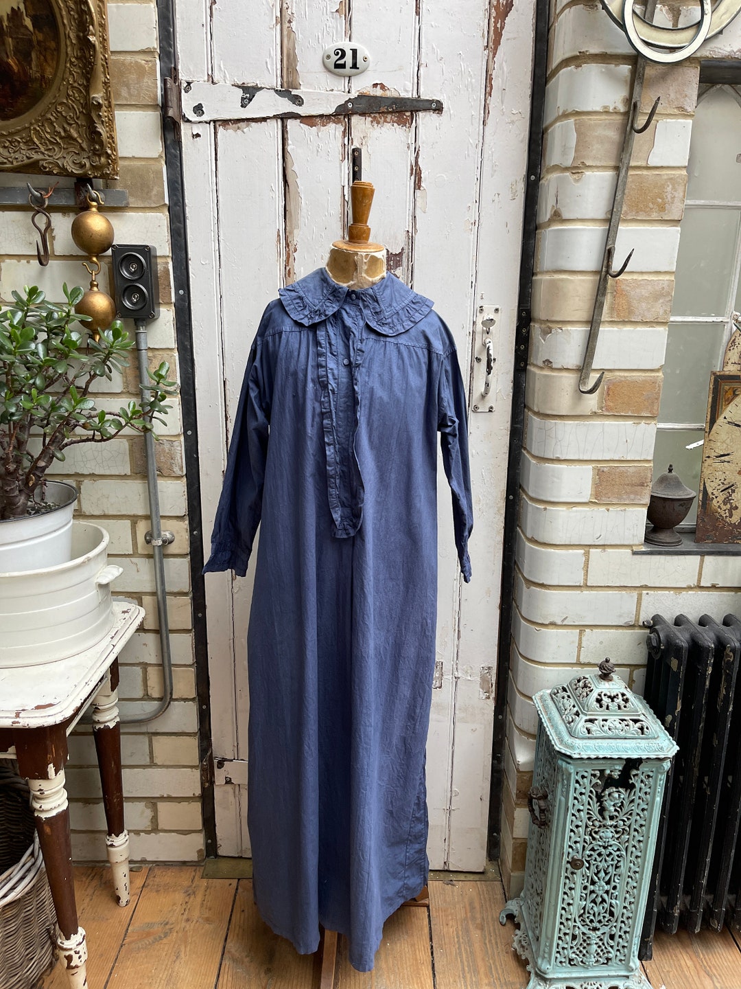 Antique English Horrockses Cloth Blue Cotton Dress Nightdress Size M UK ...