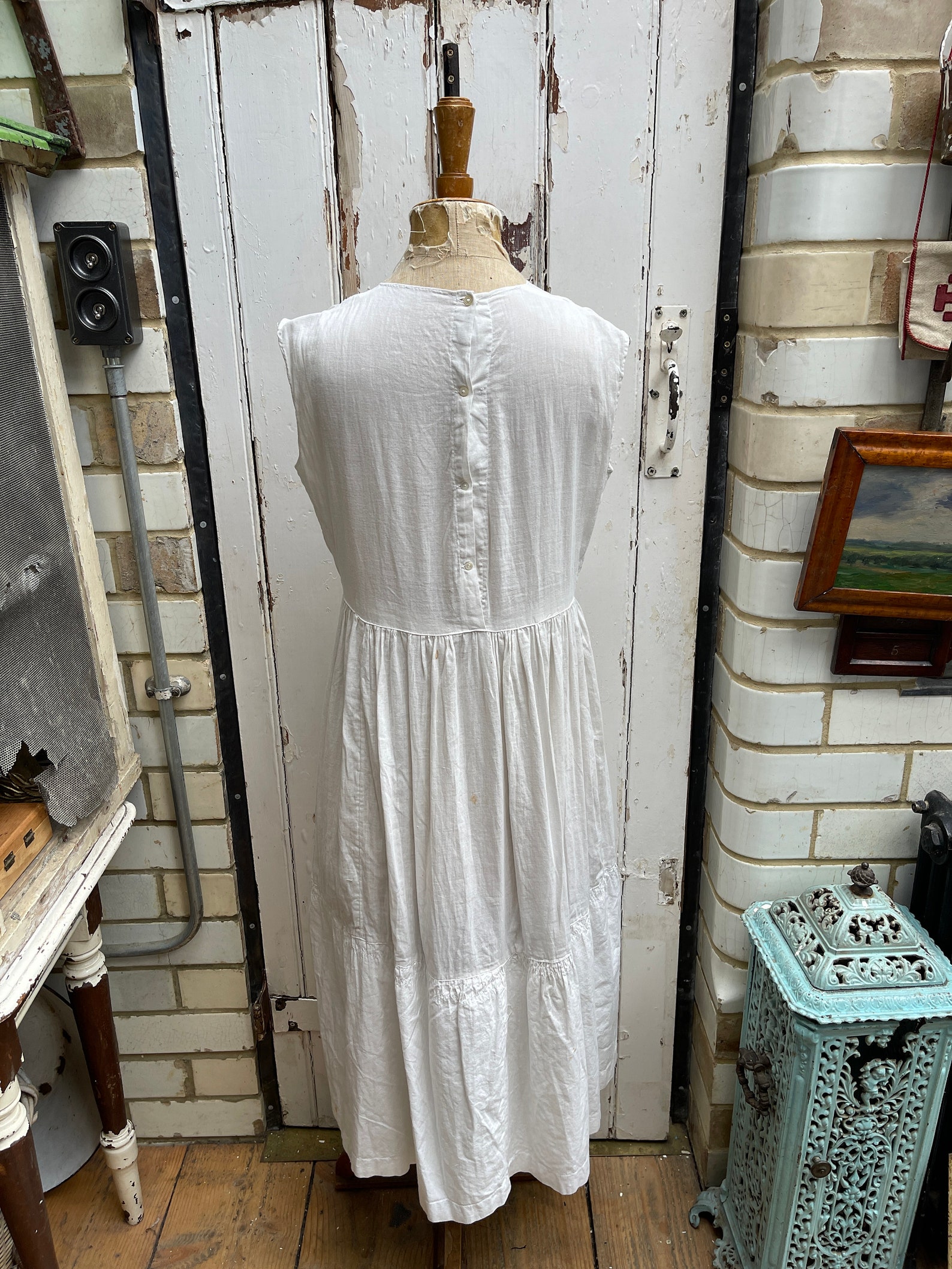 Antique Handmade Plain White Cotton Shift Dress With Double Layer Hem ...