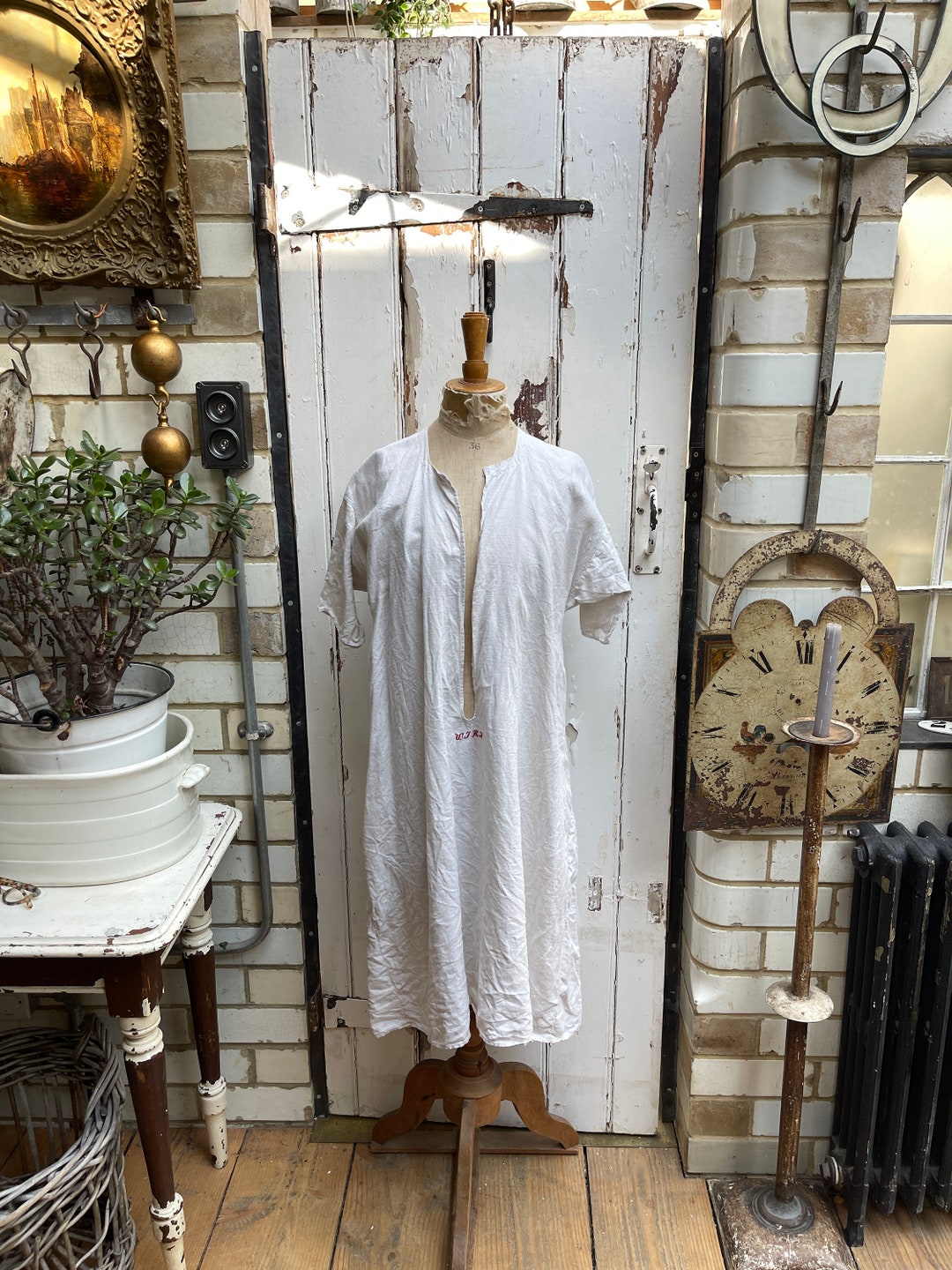 Antique Dutch White Linen Shirt Smock Dress Kaftan Red Initials WJRD ...