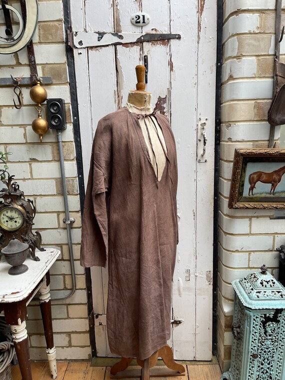Antique French brown linen dress smock with tie size M - Gem