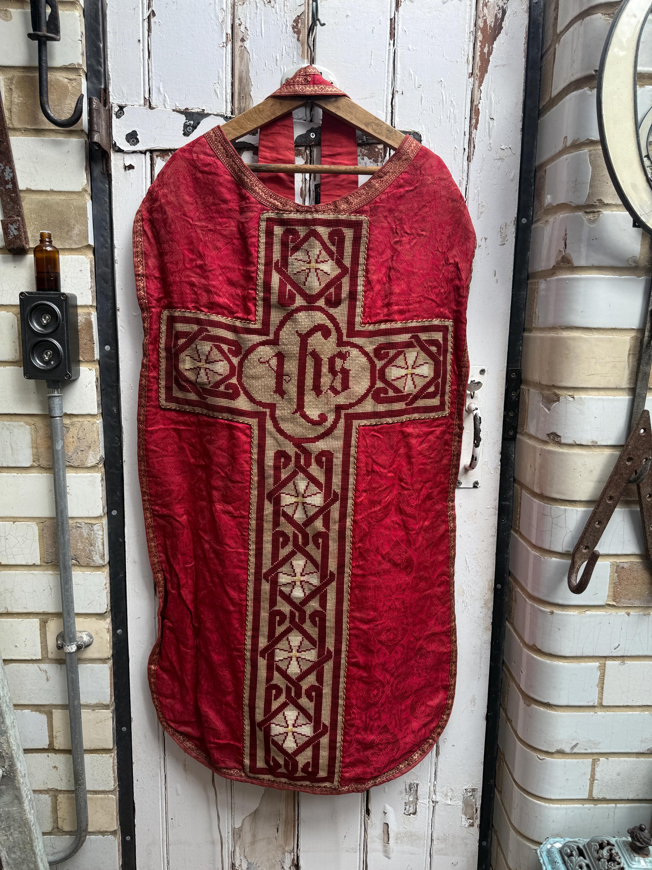 Antique French Red Priests Church Vestment With Embroidery and Damask ...
